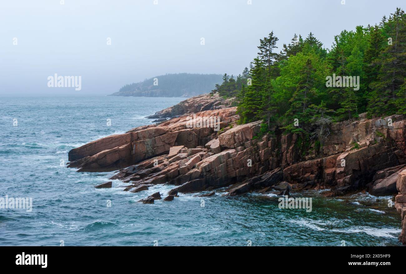Scenic view of the rugged coastline and ocean at Monument Cove, Acadia ...