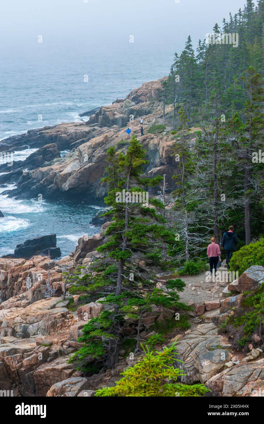 People hiking on the Ocean Path along the rocky shore at Otter Cliff ...