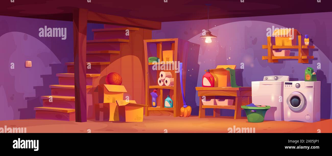 Basement room interior with laundry equipment. Cartoon vector house ...