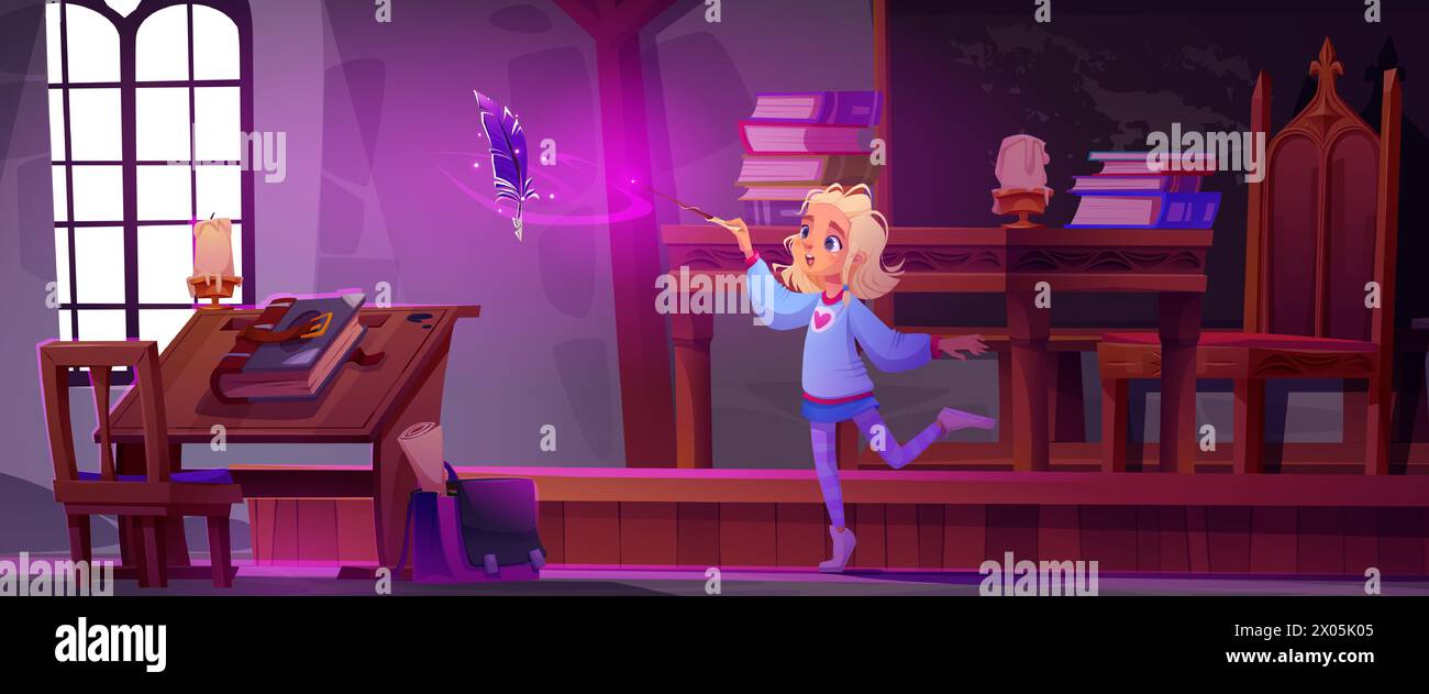 Magic school room with girl and flying feather. Cartoon wizard library ...