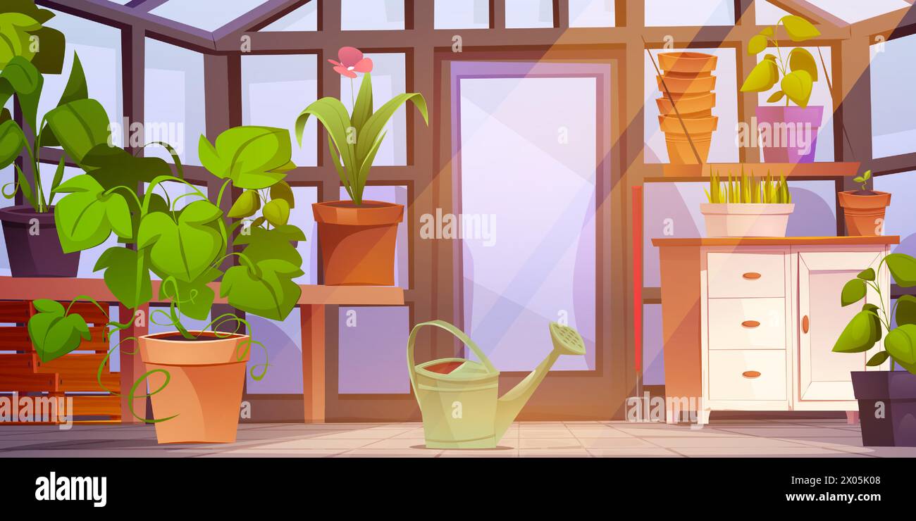 Greenhouse interior with furniture and plants. Vector cartoon ...