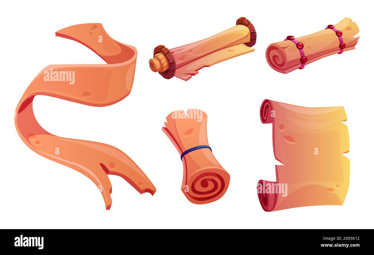 Parchment scroll and long ribbon with empty space for text. Magic game ui icons and assets of ...