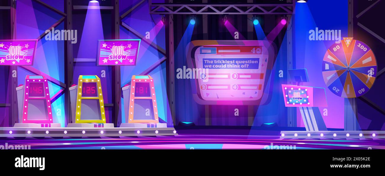 Quiz tv show stage with player platforms and presenter podium. Studio ...