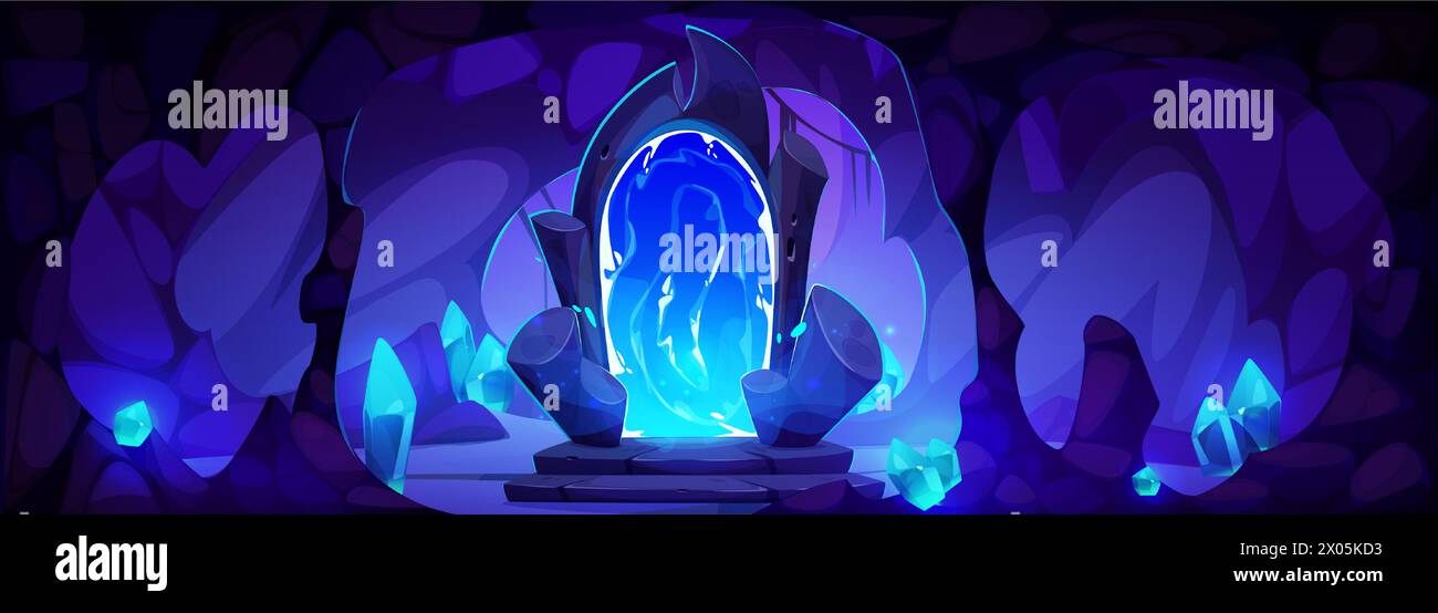 Magic glowing portal door in underground dark cave with blue gem stone ...