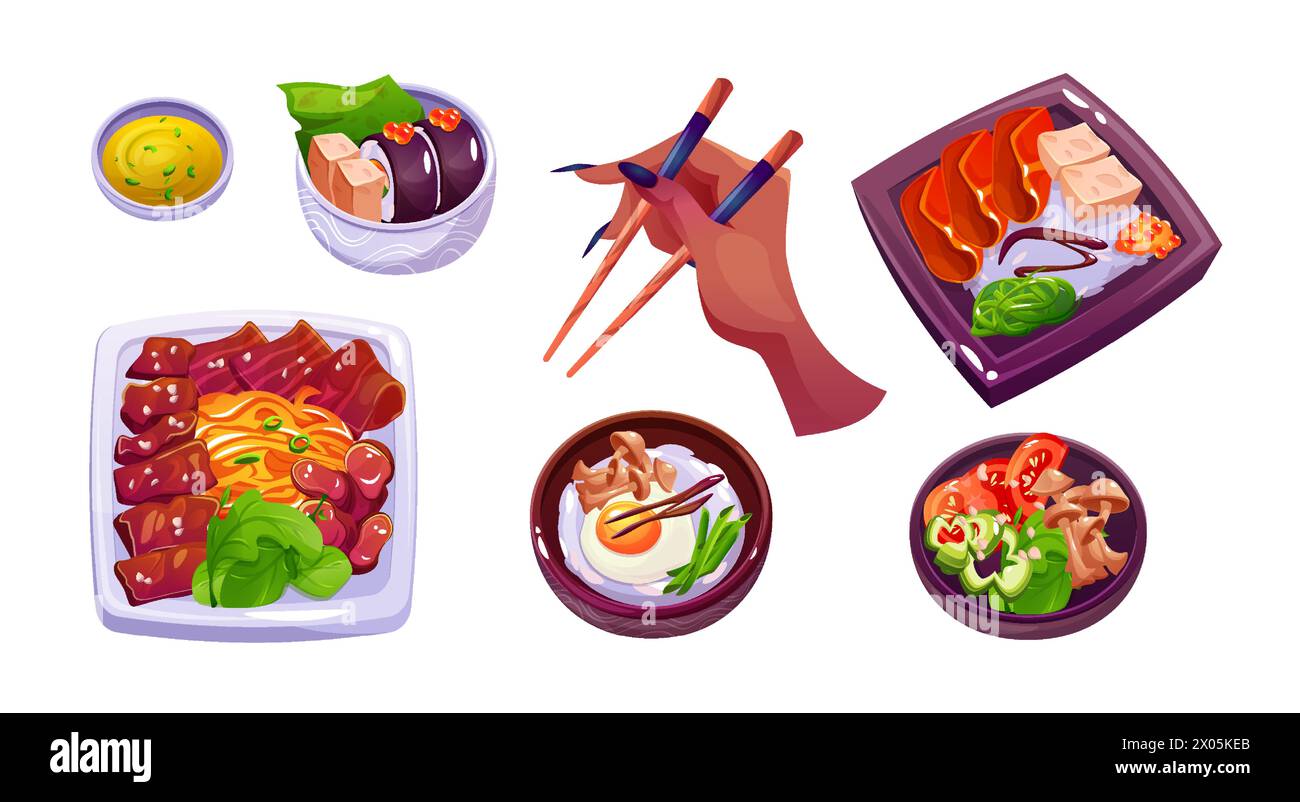 Traditional korean food cartoon collection. Plates and bowls with ...