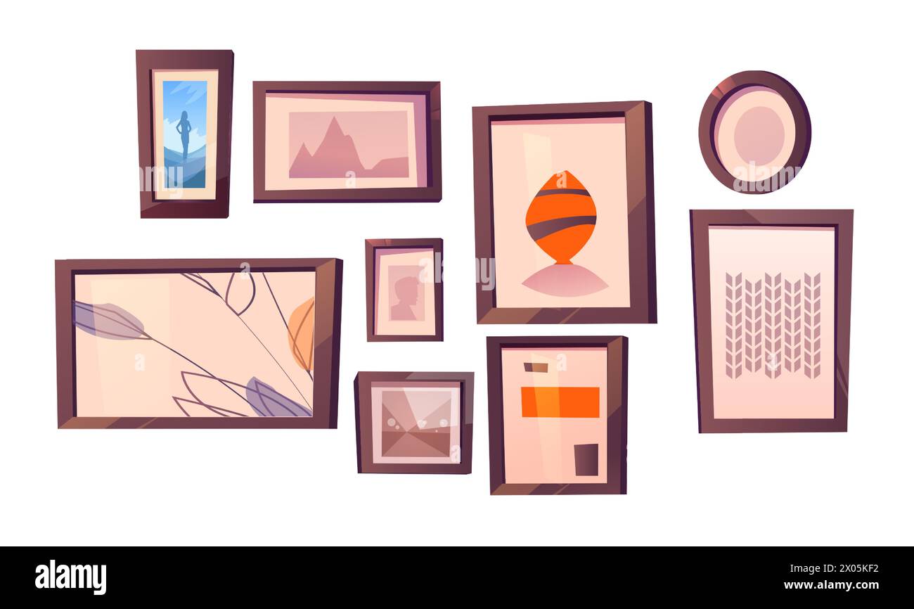 Pictures and photography in wooden frame hanging on wall. Home or ...