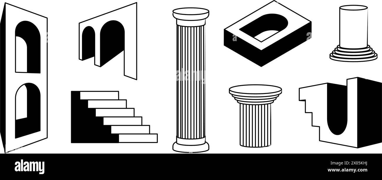 Surreal arches, columns and stair collection. Trippy greek ruin element ...