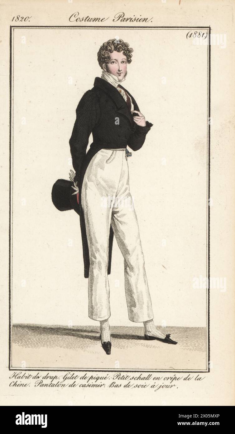French dandy in wool frock coat, pique waistcoat, crepe de Chine cravat ...