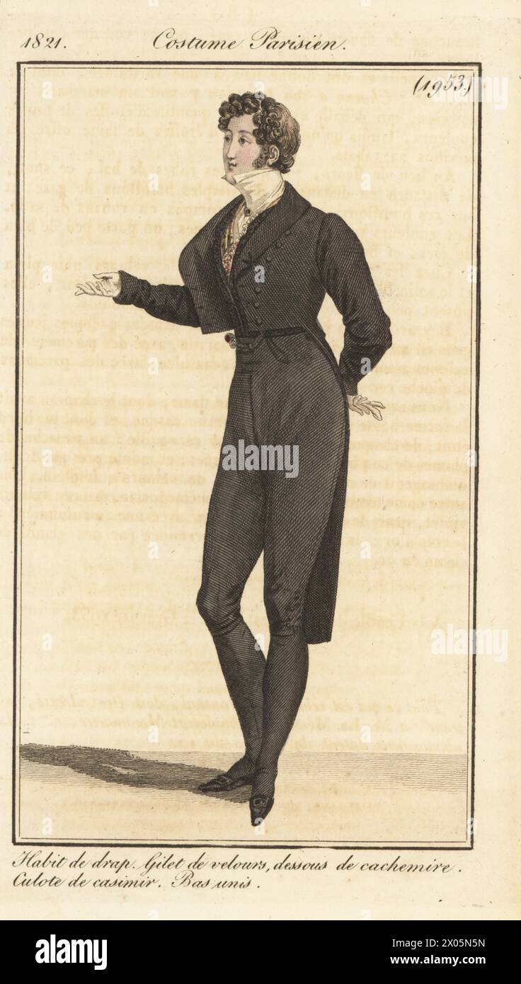 French dandy in tailcoat, velvet waistcoat over a cashmere one, worsted ...