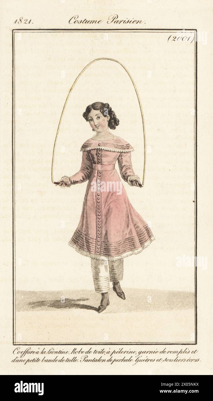 Costume of a girl skipping rope, Paris, 1821. Leontine hairstyle, linen ...