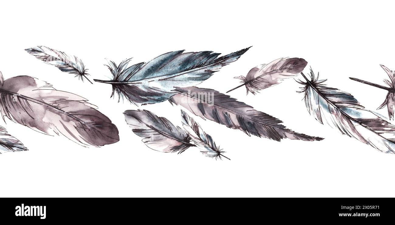Watercolor feathers, monochrome bird wings grey black color with ...
