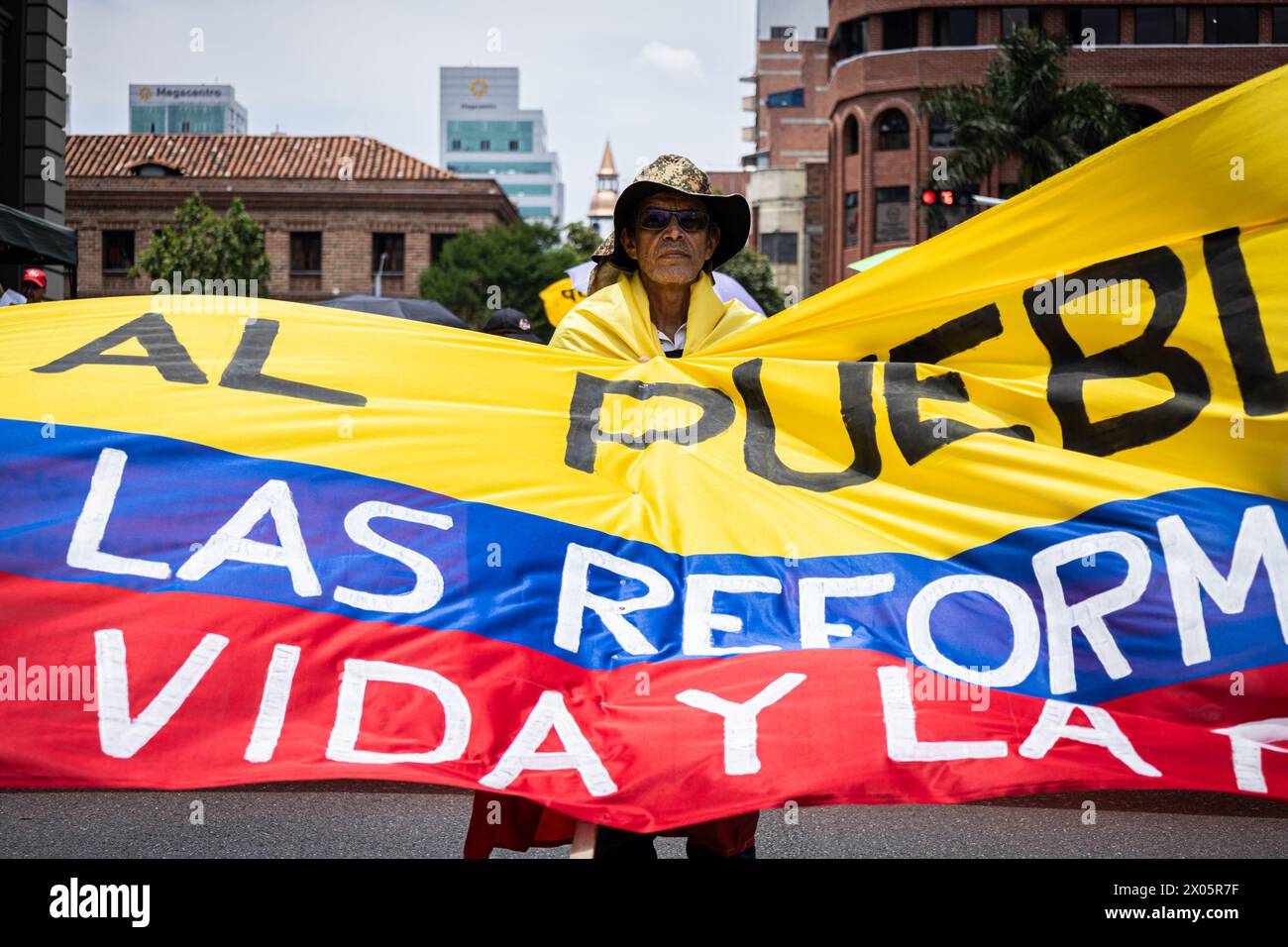 Medellin, Colombia. 09th Apr, 2024. Demonstrators take part in a ...