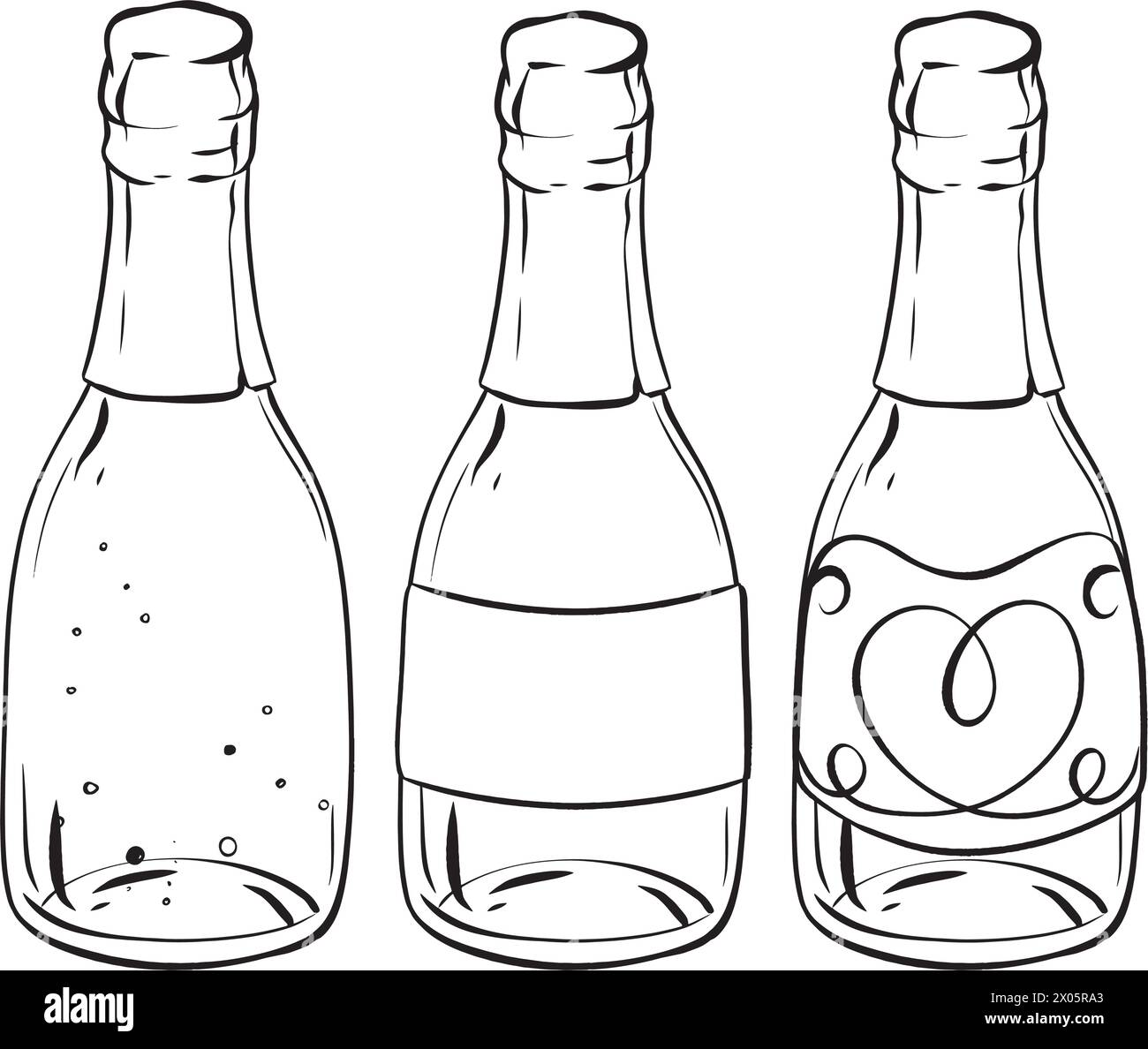 A monochromatic drawing featuring three bottles of champagne Stock ...