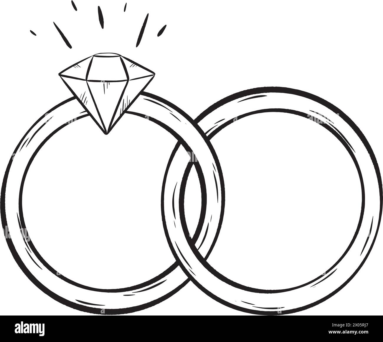 A black and white drawing of two wedding rings with a diamond in the ...