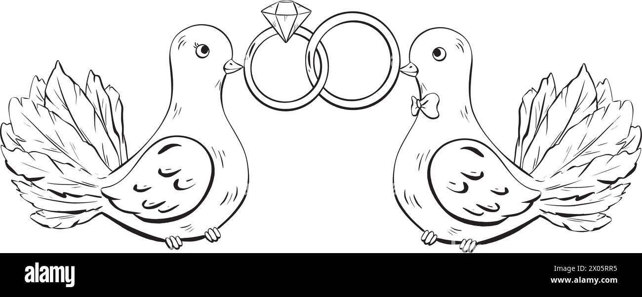 A monochrome illustration of two pigeons presenting wedding rings Stock ...