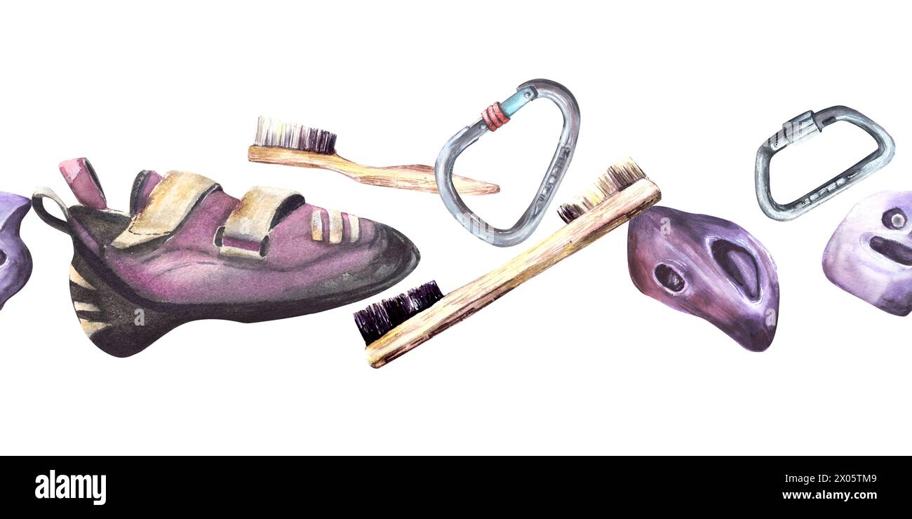 Climb shoes with metal carabiners, magnesium brush and stones, grips ...