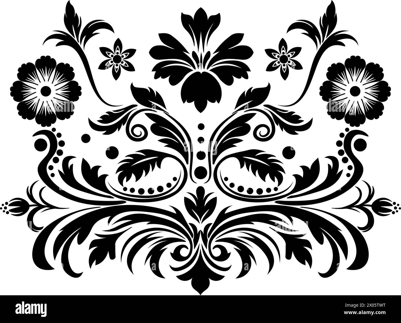Intricate black and white design with floral elements, flowers and ...