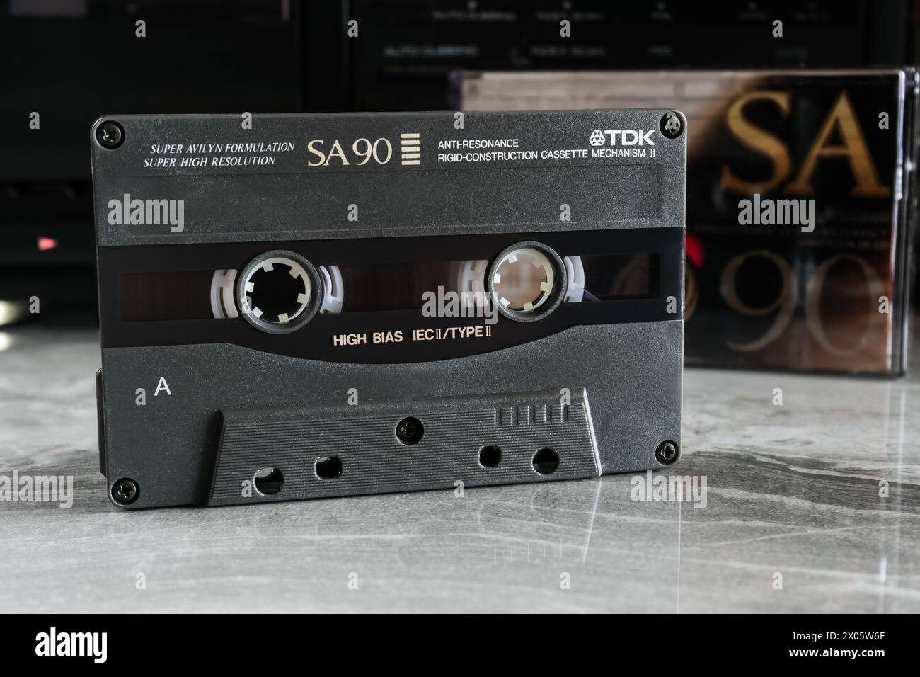 TDK SA90 Super Avilyn audio cassette on polished marble countertop with reflection Stock Photo ...