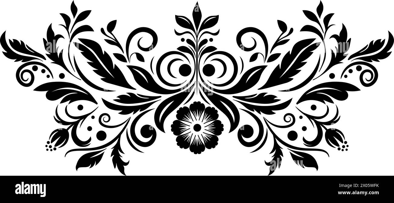 Intricate black and white design with floral elements, flowers and ...