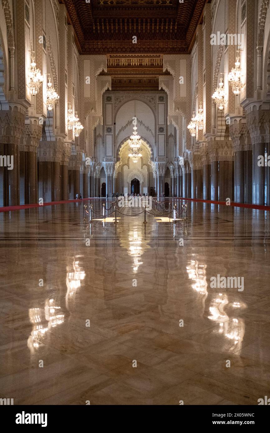 The interior of the Hassan-II Mosque, one of the largest mosques in the ...