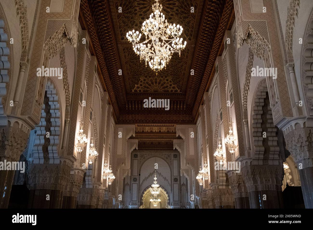 The interior of the Hassan-II Mosque, one of the largest mosques in the ...