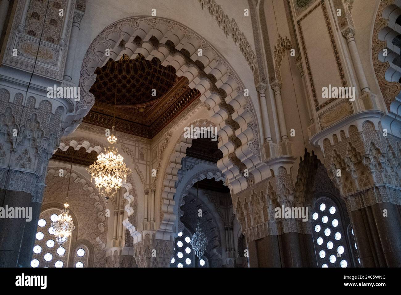 The interior of the Hassan-II Mosque, one of the largest mosques in the ...