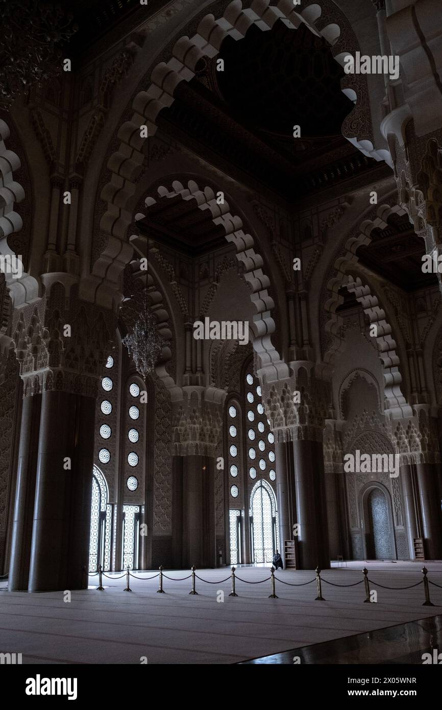 The interior of the Hassan-II Mosque, one of the largest mosques in the ...