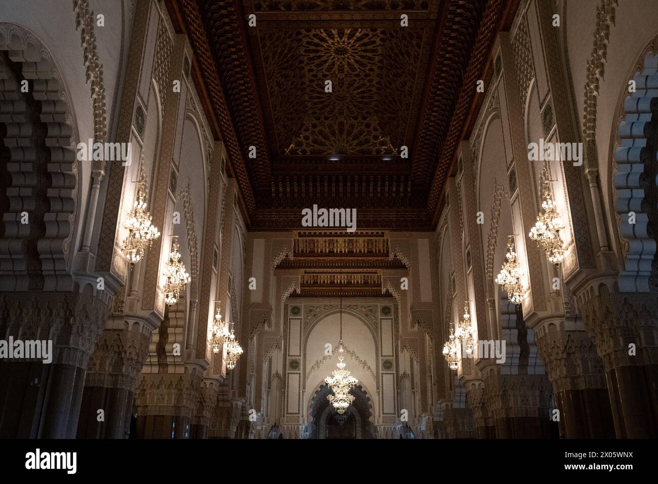 The interior of the Hassan-II Mosque, one of the largest mosques in the ...