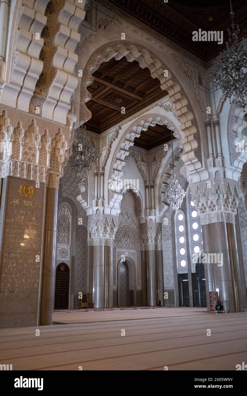 The interior of the Hassan-II Mosque, one of the largest mosques in the ...