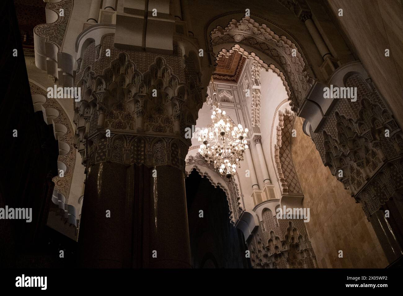 The interior of the Hassan-II Mosque, one of the largest mosques in the ...