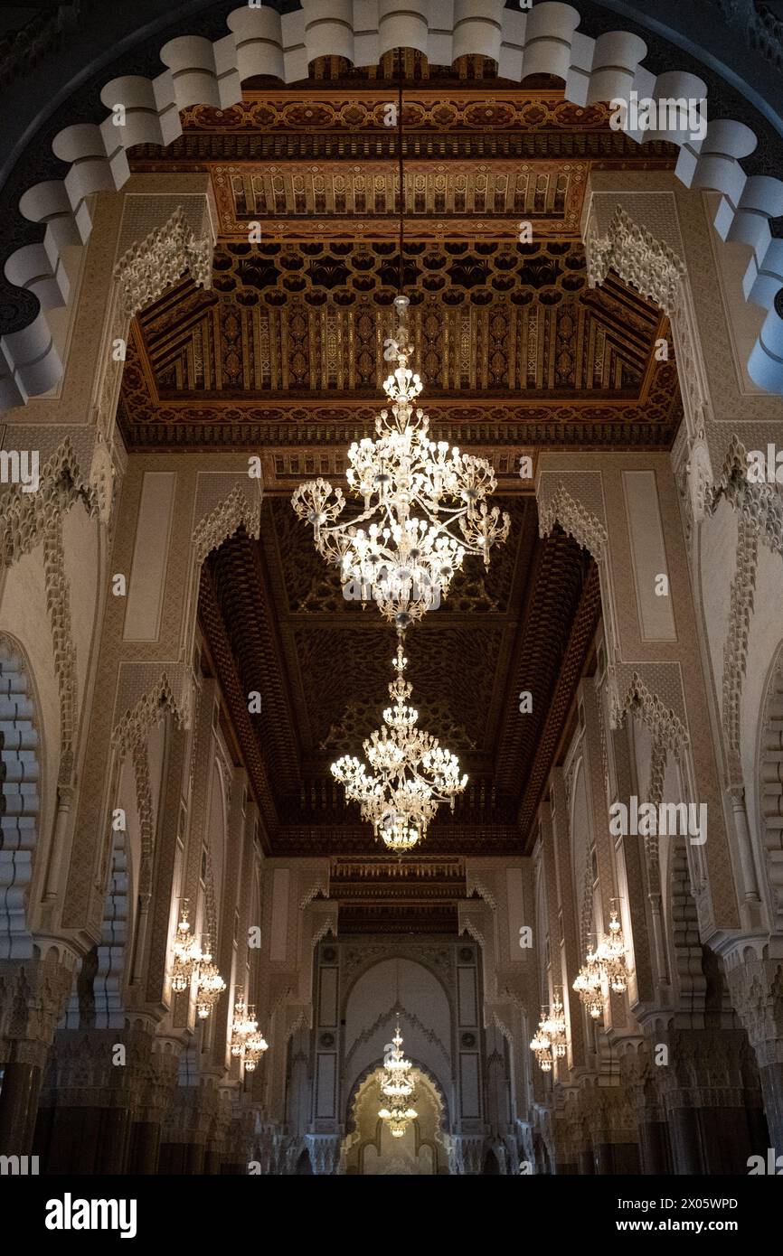 The interior of the Hassan-II Mosque, one of the largest mosques in the ...