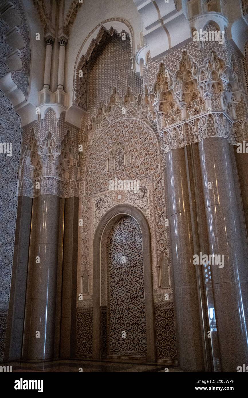 The interior of the Hassan-II Mosque, one of the largest mosques in the ...