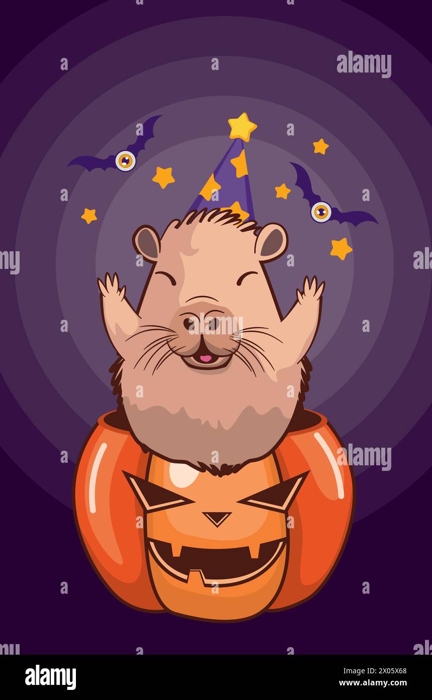 Cute cartoon funny capybara sit in Halloween pumpkin Stock Vector Image ...