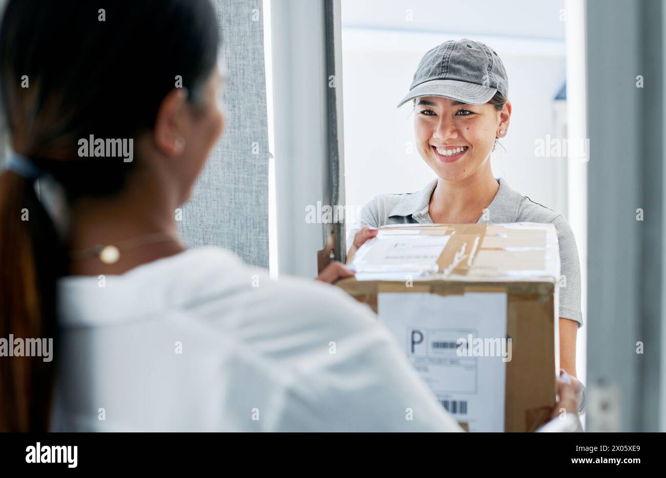 Woman, delivery and logistics order in home for customer package with ...