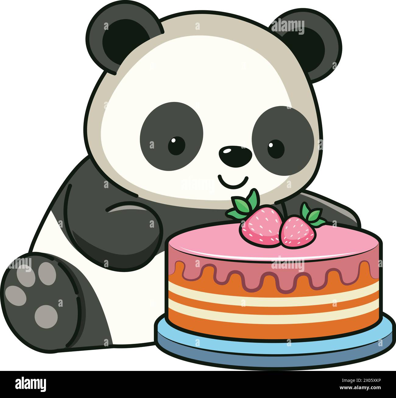 Cute cartoon panda bear with tasty strawberry cake illustration Stock ...