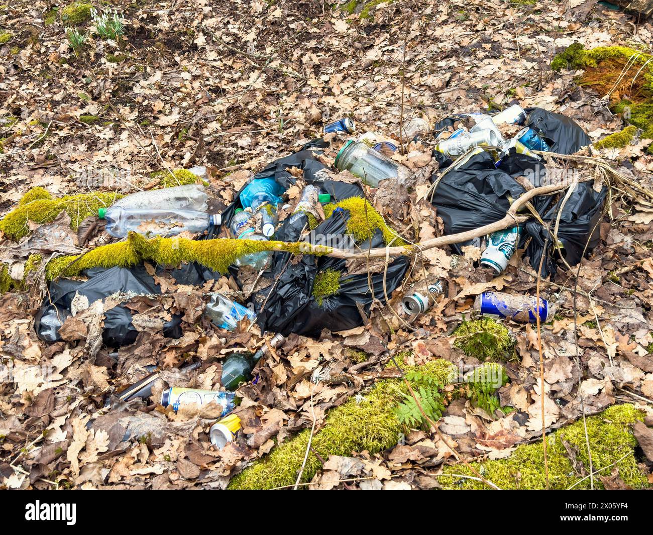 Littering with black plastic bags and bottles on the ground in a ...