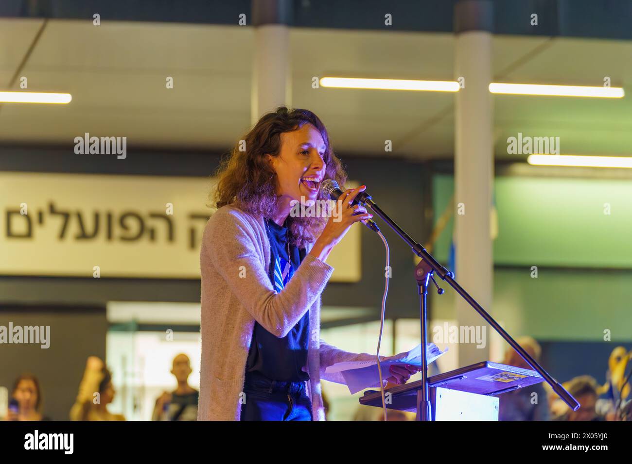 Haifa, Israel - April 06, 2024: Dr. Gal Noyman Veksler speaks to the ...