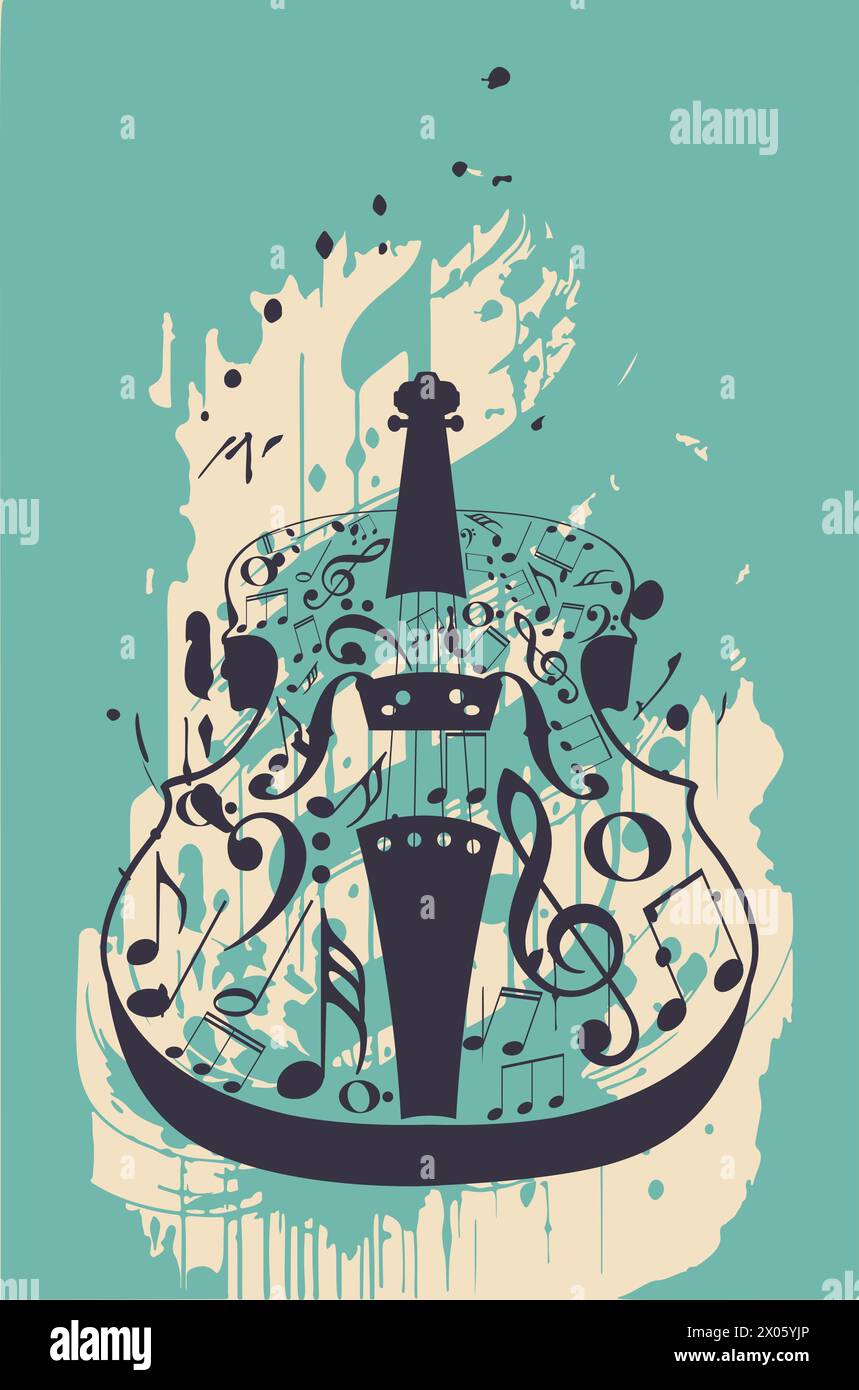Vintage violin with music notes and grunge paint splatters illustration ...