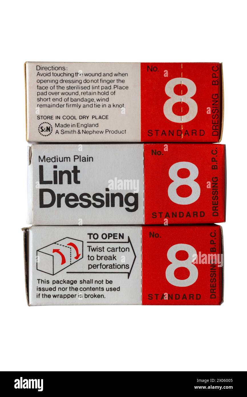 Packs of Lint dressing with instructions to open isolated on white ...