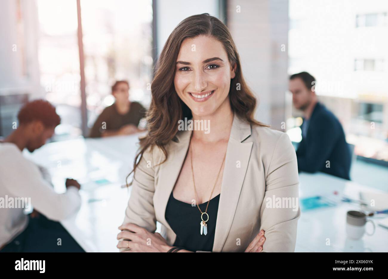 Hr, woman and happy portrait in meeting with arms crossed in confidence ...