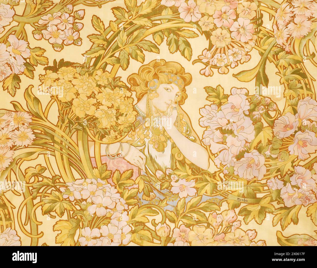 Woman among the flowers - printed fabric - Design by Alphonse Mucha, c ...