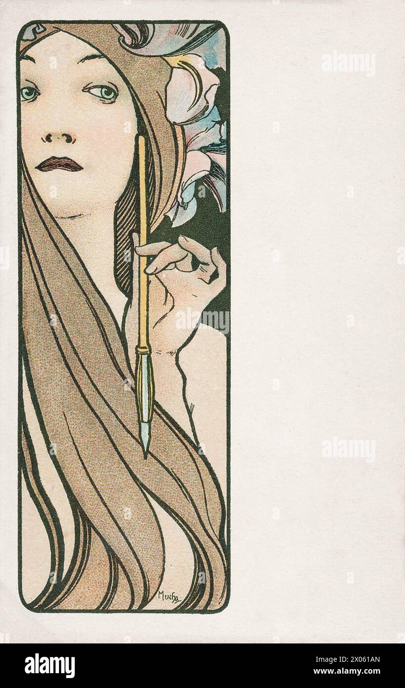 Woman with pencil, art nouveau - illustration by Alphonse Mucha - color ...
