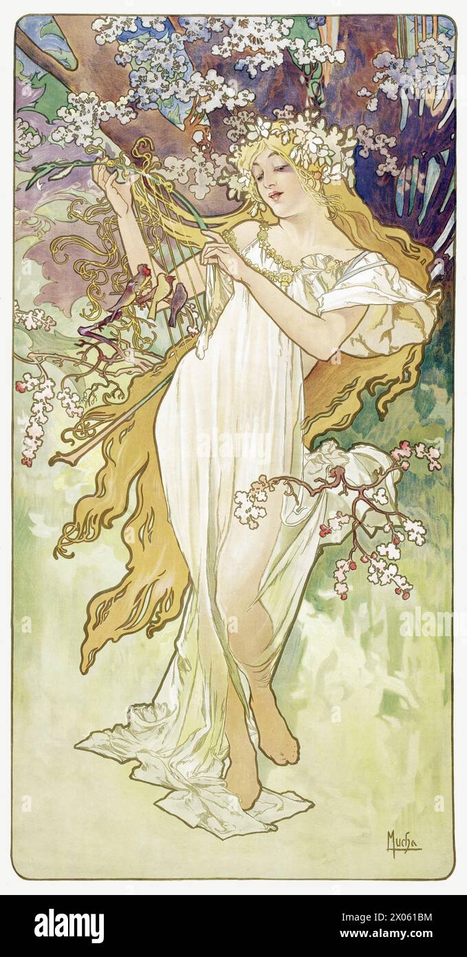 Art Nouveau by Alphonse Mucha - Seasons, Spring - color corrected Stock ...