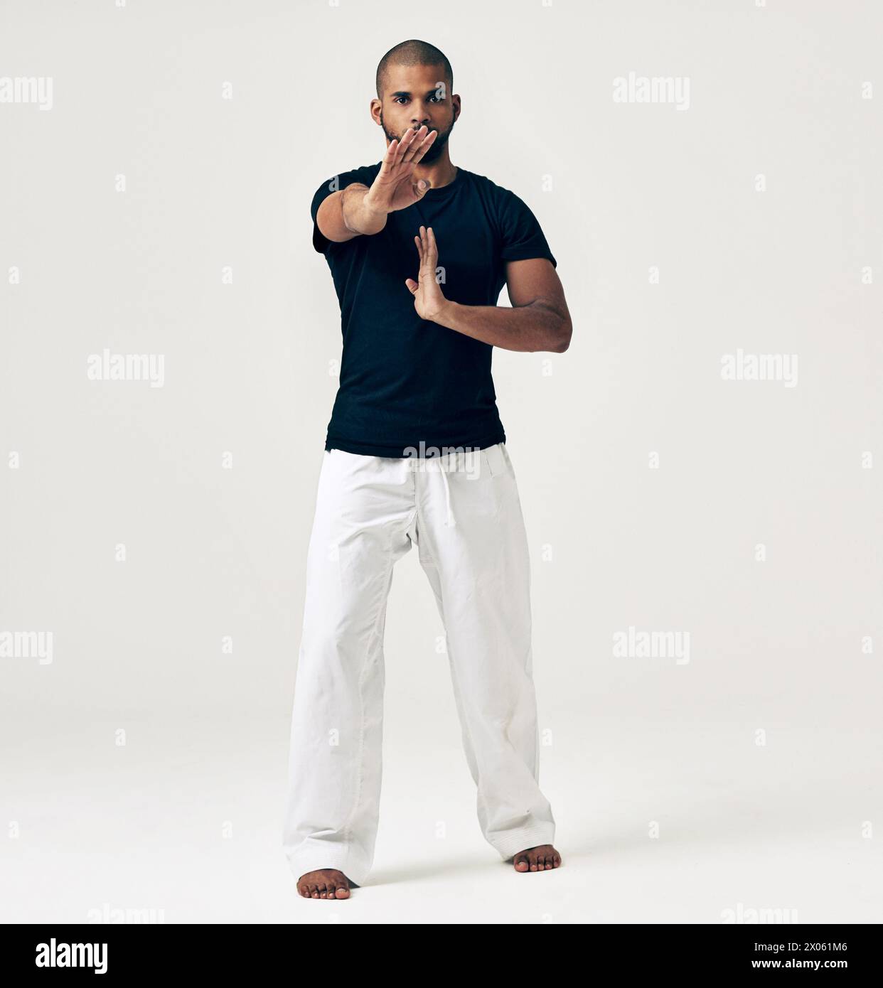 Karate, master and portrait of fight in martial arts training or ...