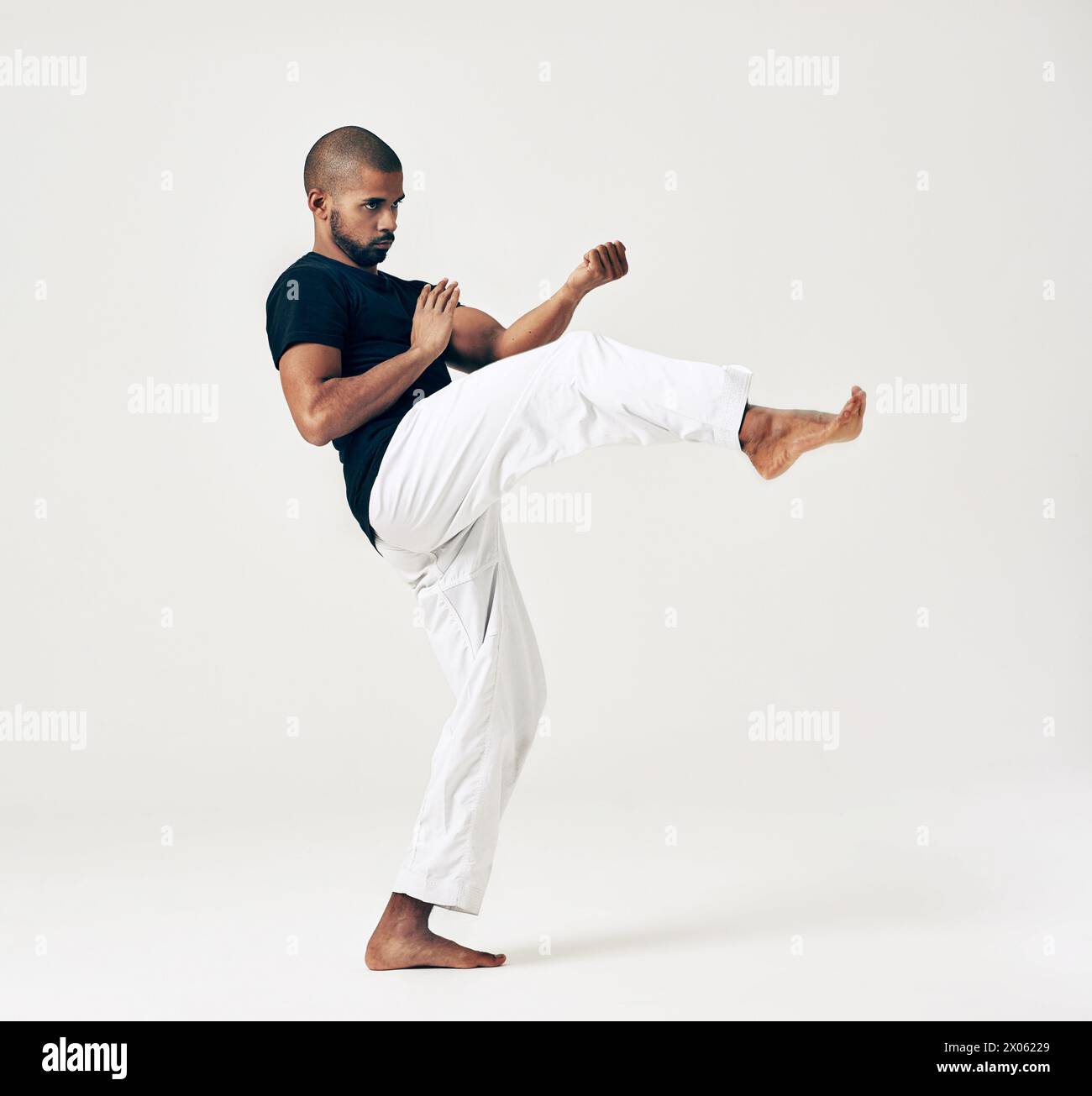 Man, studio and martial arts for training practice, action and karate ...