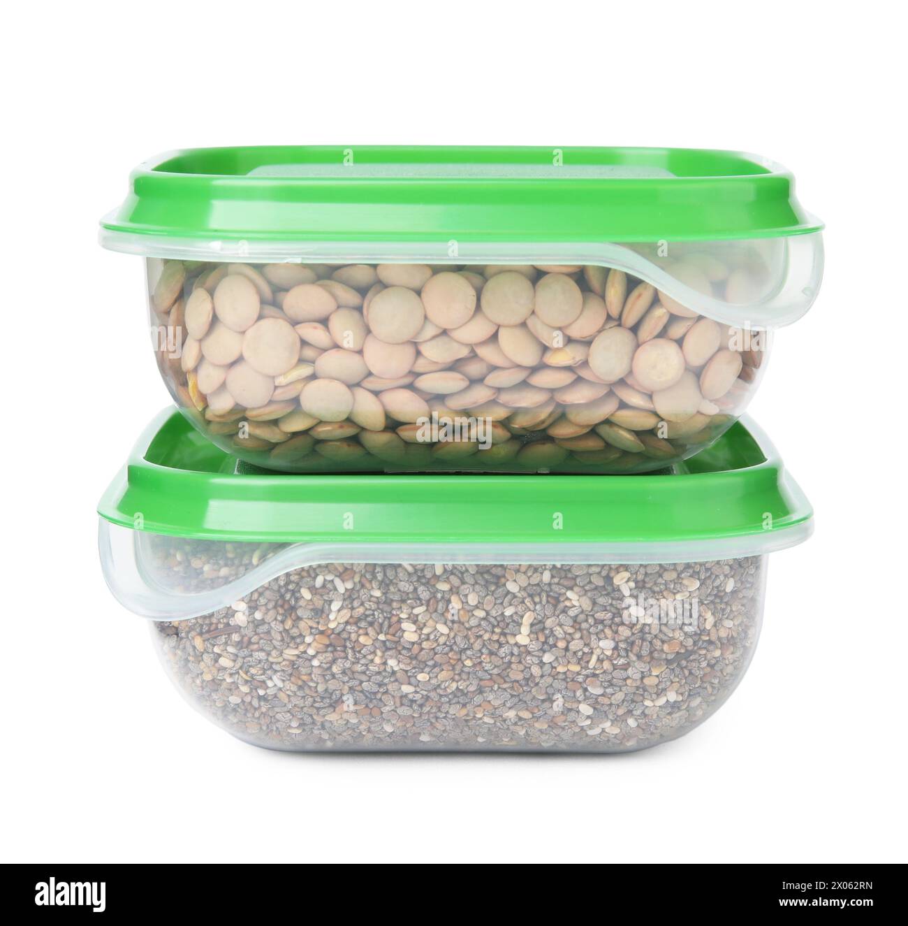 Plastic containers filled with food products isolated on white Stock ...