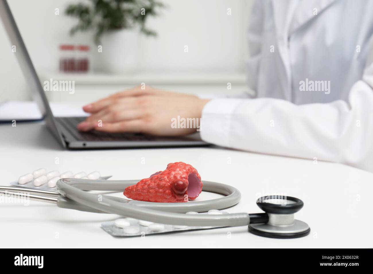 Endocrinologist working at table, focus on stethoscope and model of ...