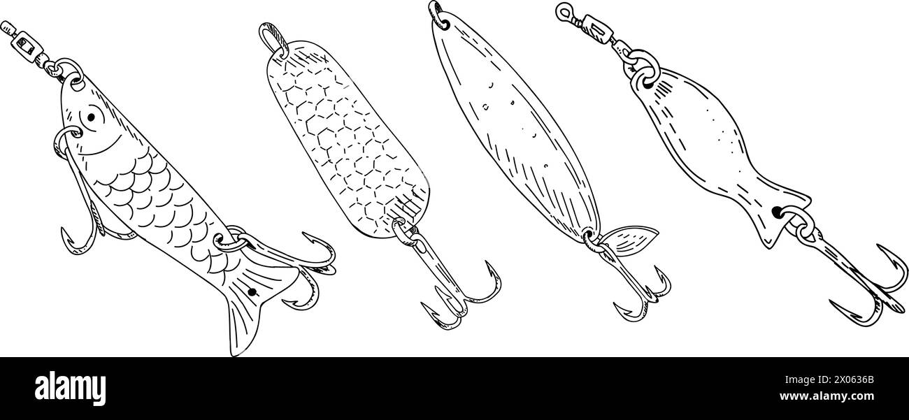 Fishing hook minnow vector illustration tackle set. Metal fly gudgeon ...