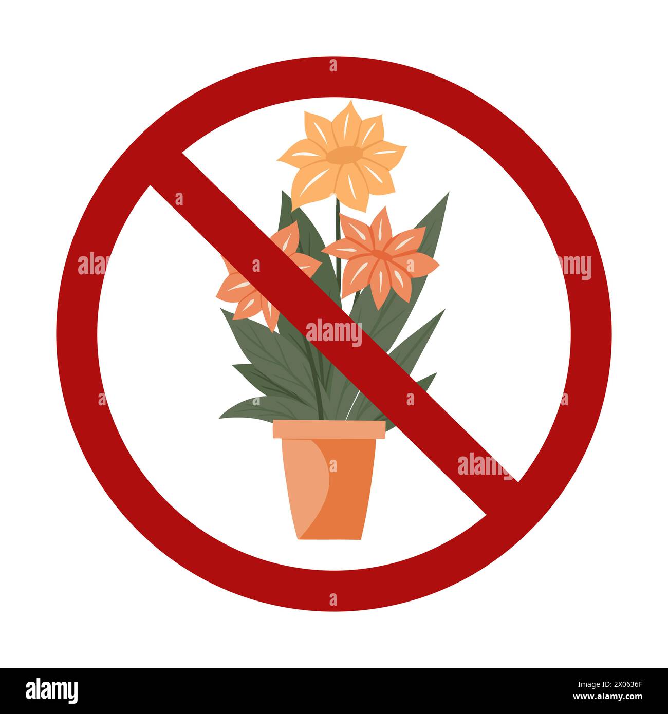 Vector prohibition sign with a flower in a pot. Growing plants is prohibited. Do not touch or ...