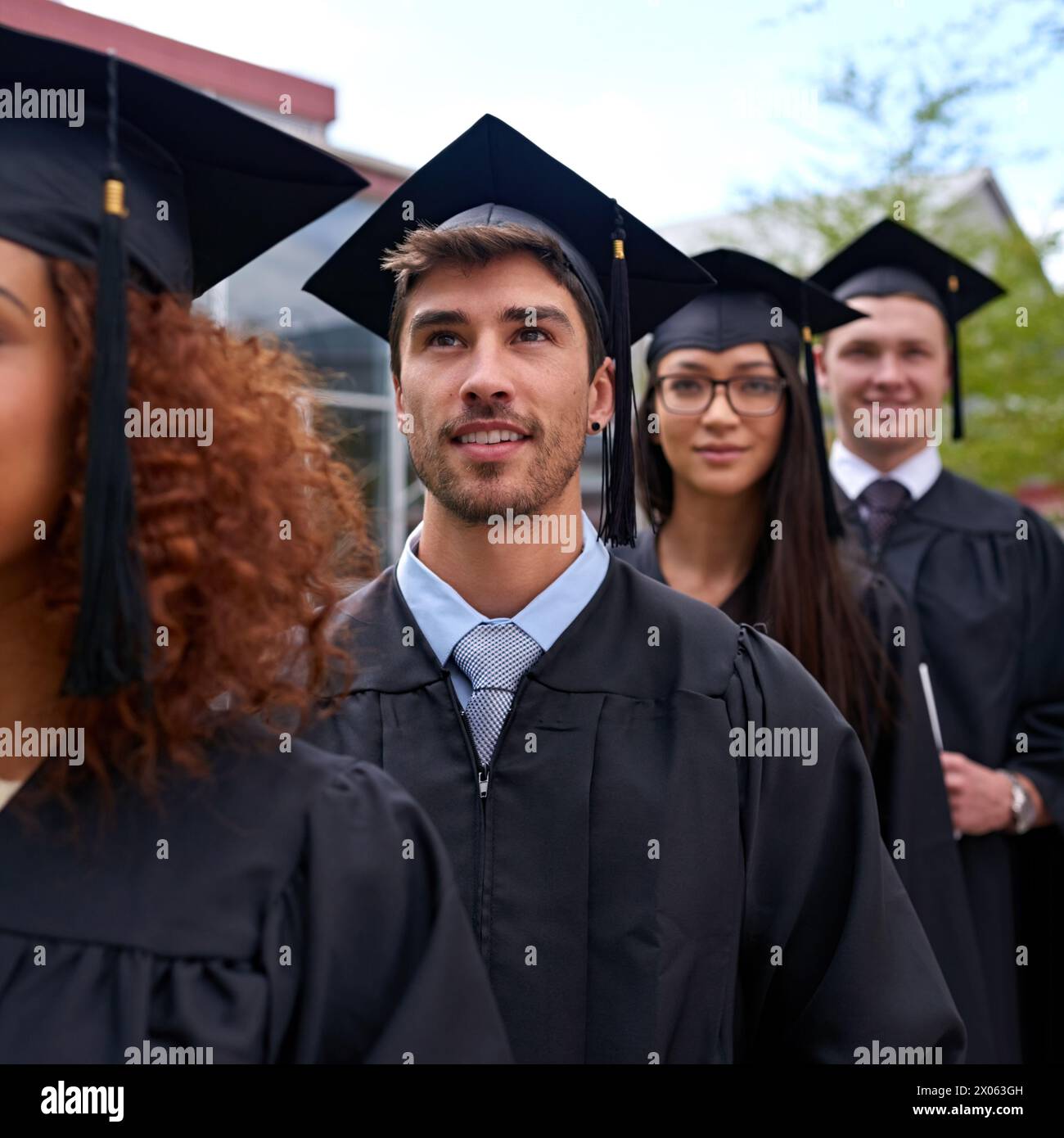 Education, university and students in row for graduation dreaming and ...